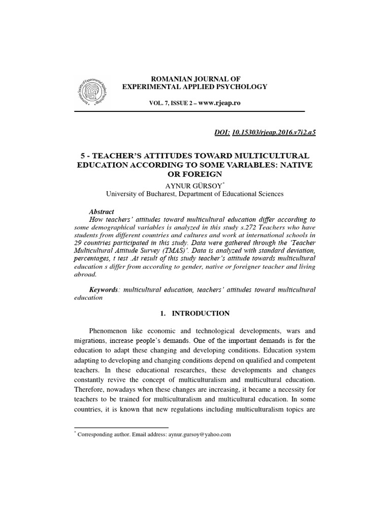 Teacher_s_Attitudes_Toward_Multicultural | PDF | Attitude (Psychology) | Teachers