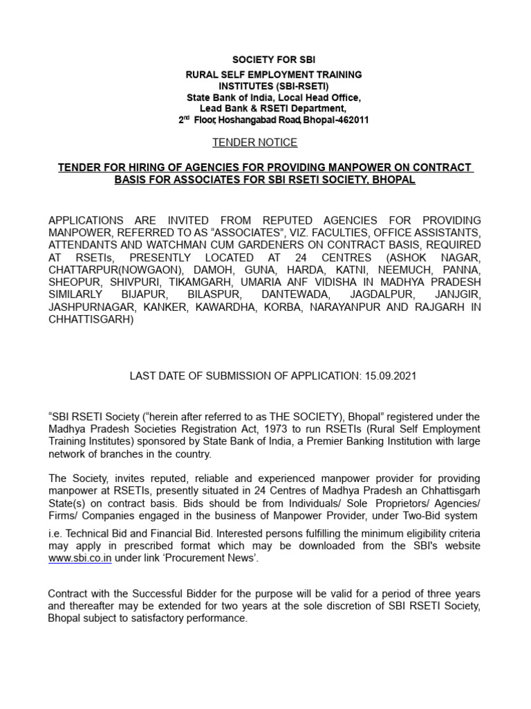 Tender Notice SBI RSETI BHOPAL F | PDF | Legal Liability | Liquidation