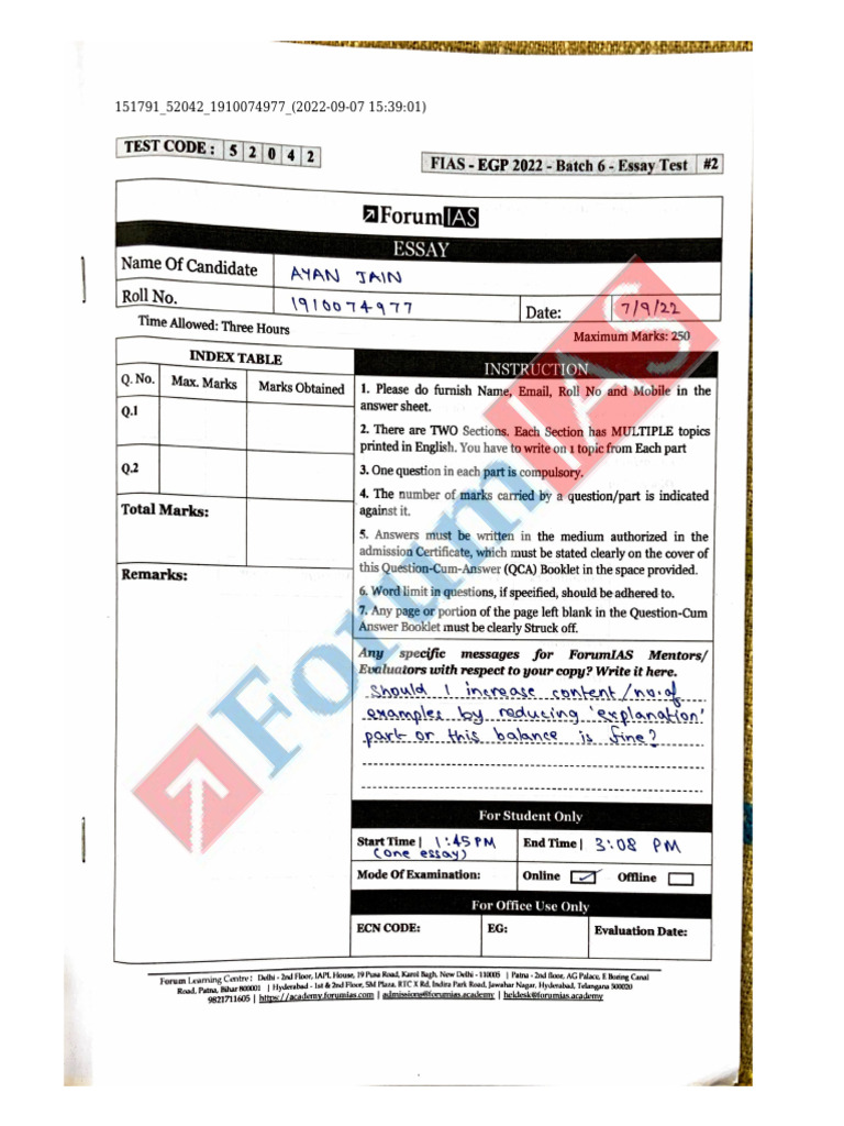 Ayan Jain UPSC 2023 Rank 16 MGP Answer Copy Essay Paper | PDF