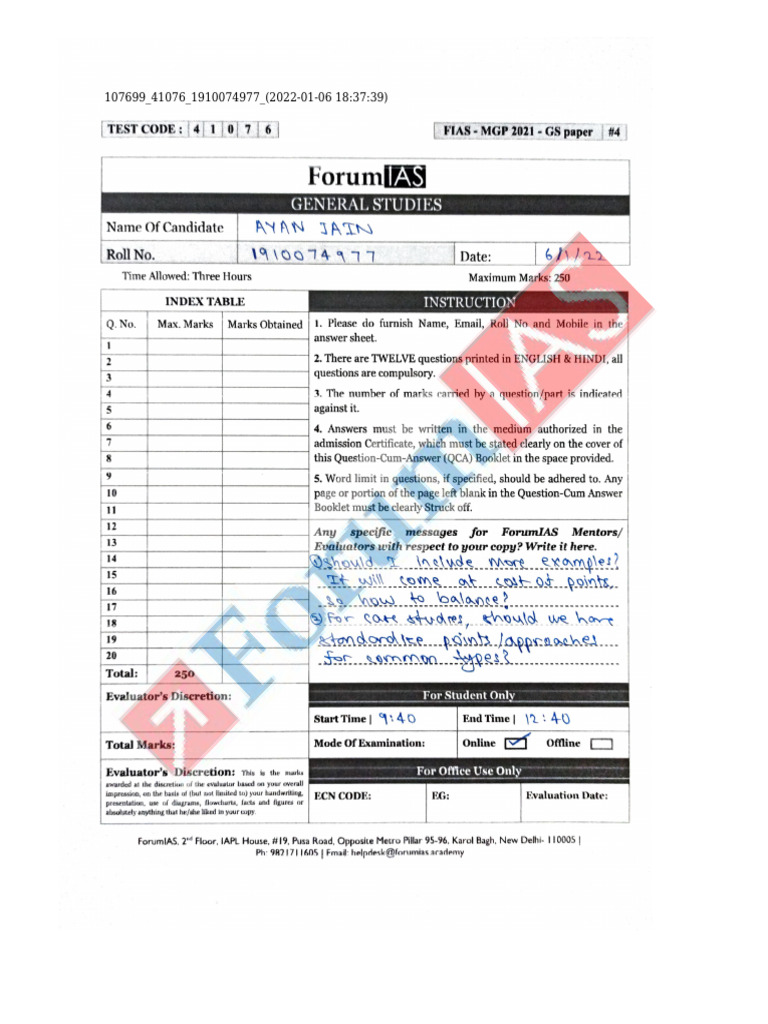 Ayan Jain UPSC 2023 Rank 16 MGP Answer Copy GS Paper 3 | PDF