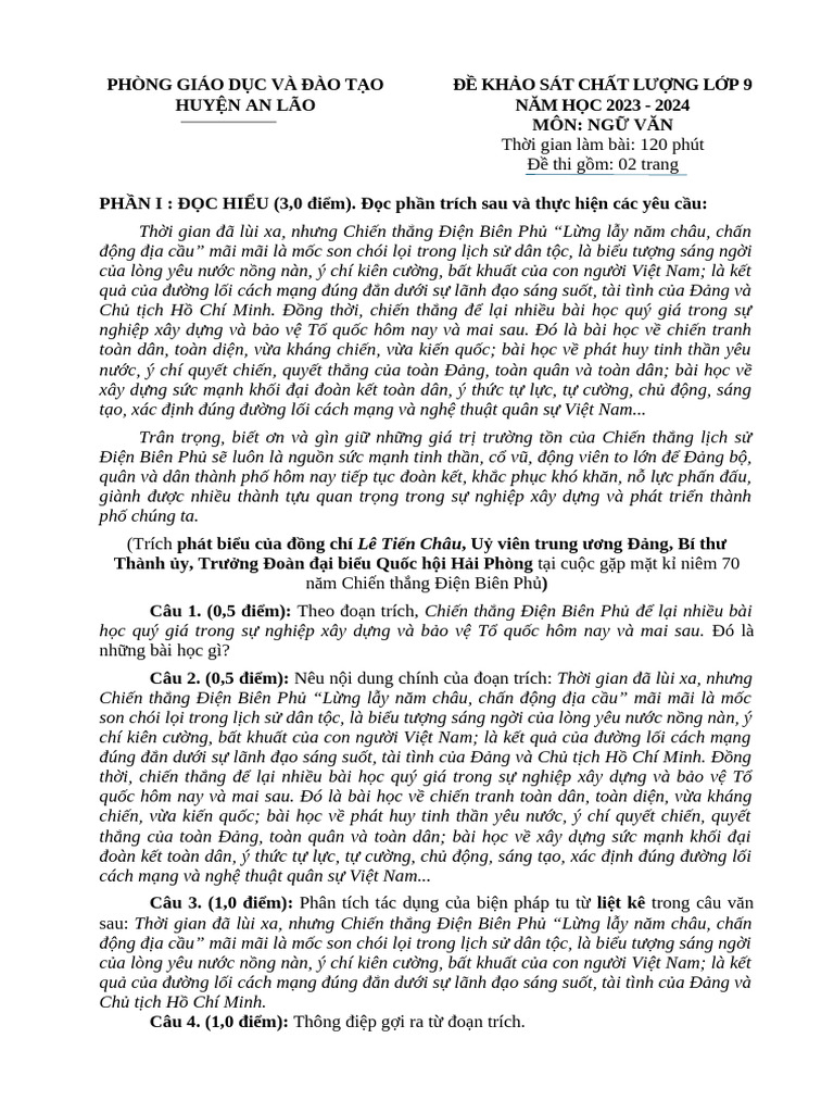 Đề KSCL Ngữ văn 9 | PDF