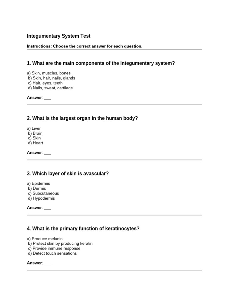 Integumentary System Test | PDF | Skin | Integumentary System