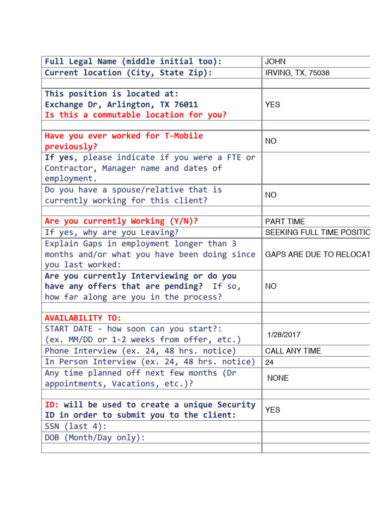 T-Mobile Job Application Details | PDF