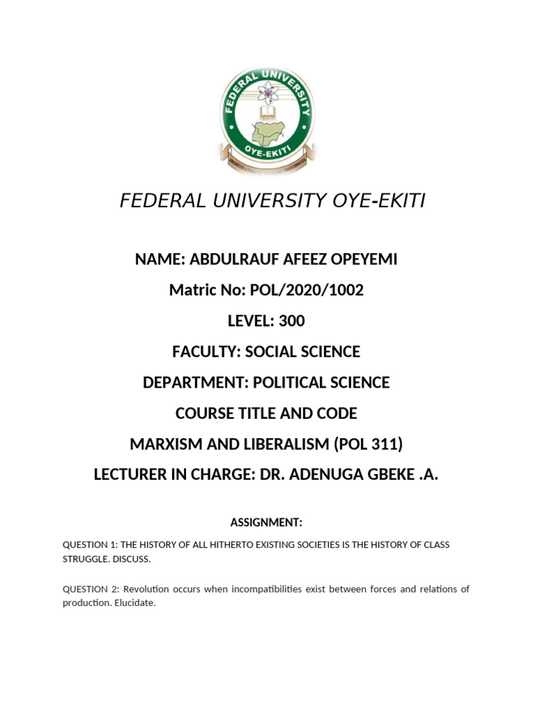 Pol 311 Assignment Afeez | PDF | Karl Marx | Class Conflict
