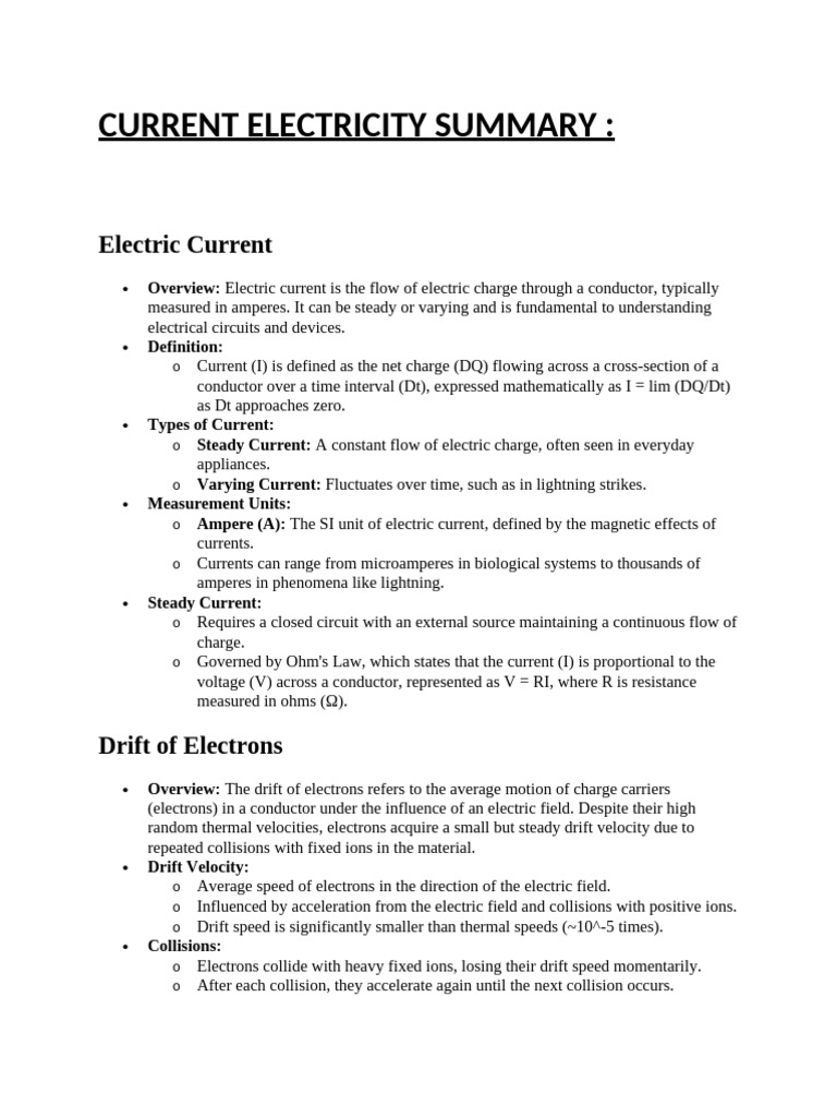 Current Electricity Summary | PDF | Electric Current | Electricity