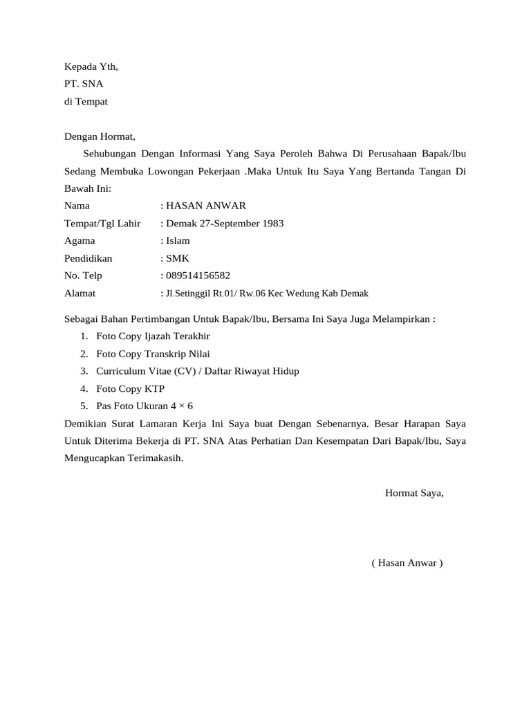 Surat Lamaran Kerja Hasan Anwar | PDF