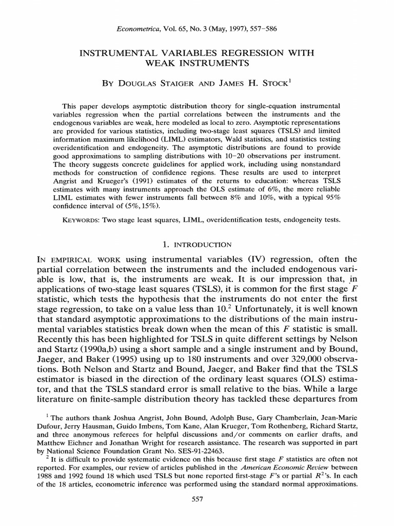 Instrumental Variables Regression With Weak Instruments | PDF | Estimator | Ordinary Least Squares
