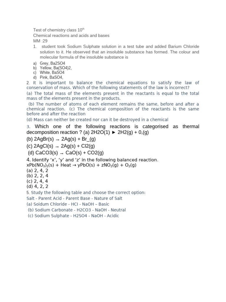 Chemical RXN and Acids N Bases Tes-1 | PDF | Chemical Reactions ...
