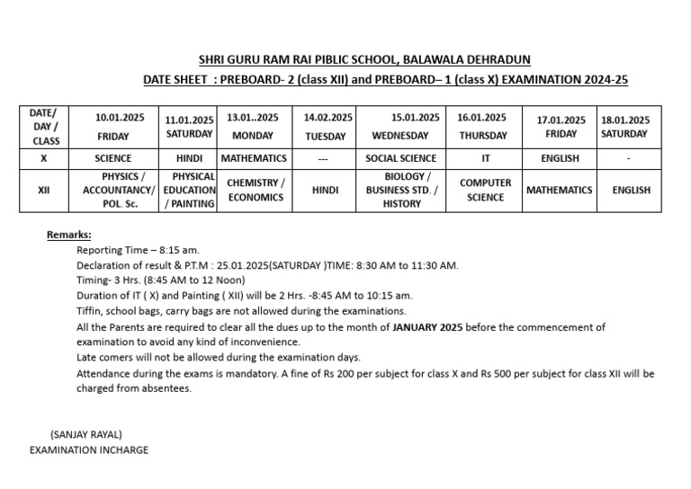 Date Sheet- Pre Board | PDF