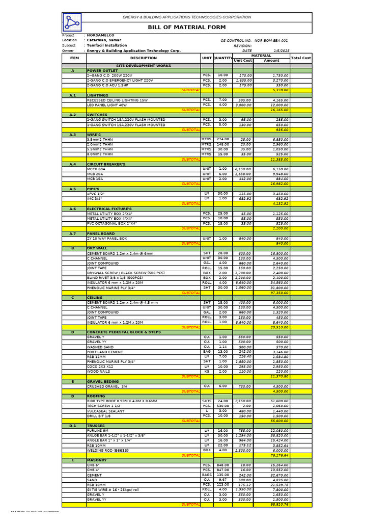 Norsamelco Temp Facil Estimate FM PMD 11 Bill of Material Form Rev.2 ...