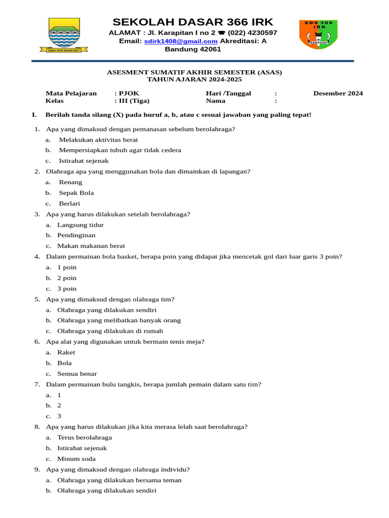 Asesment Sumatif Akhir Semester Pjok (Autosaved) | PDF