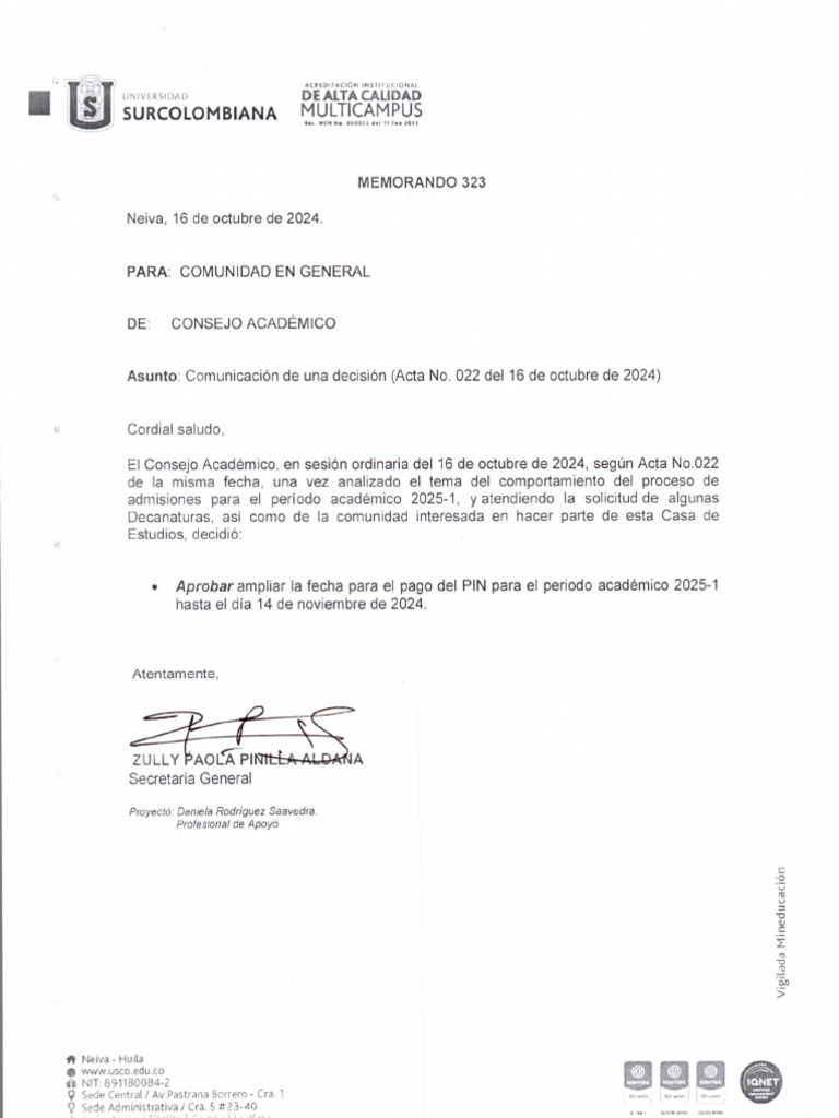 Portal-Memorando 323 de 2024 Consejo Academico | PDF