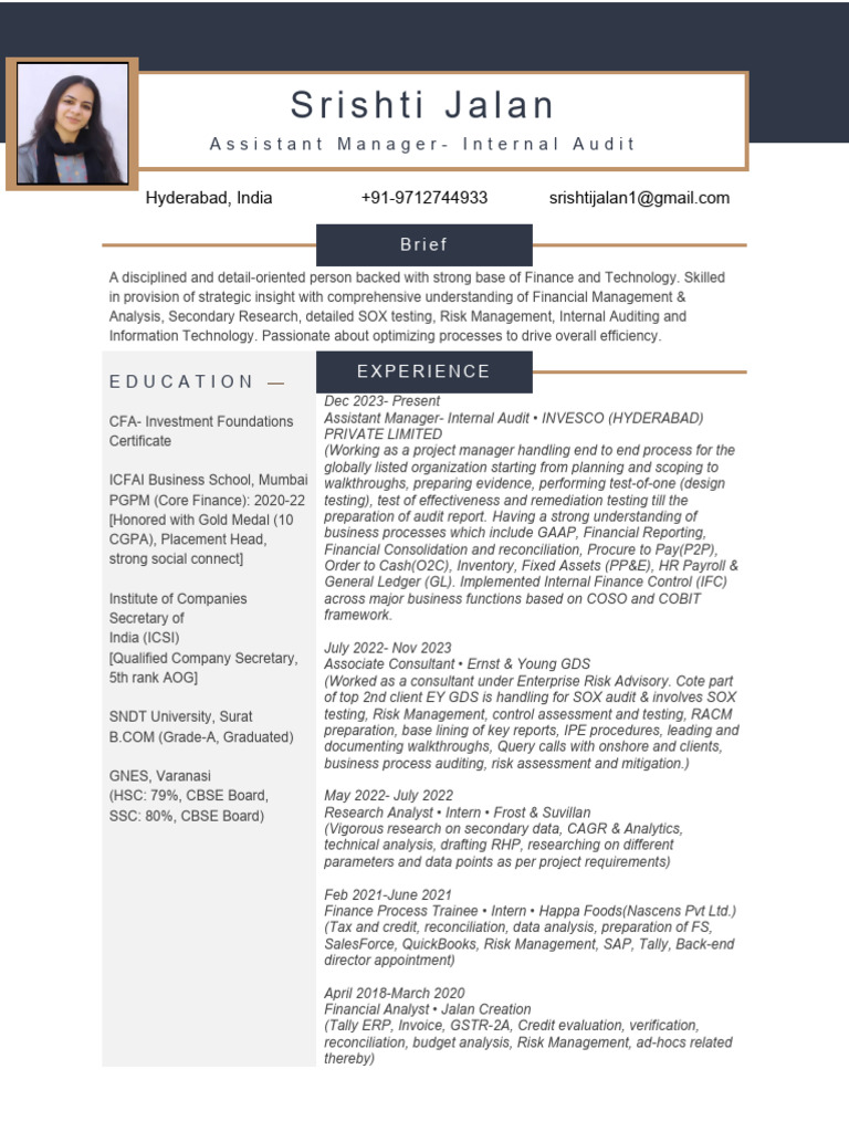 Srishti Jalan_(Resume)-1 | PDF | Financial Analyst | Internal Audit