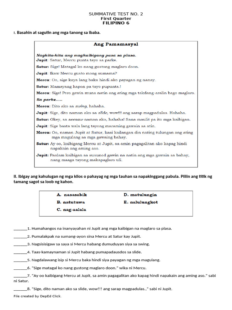 Q1-Filipino Summative Test No. 2 | PDF