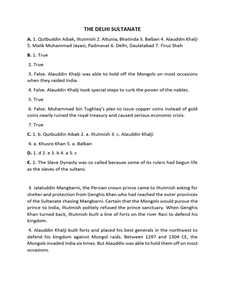 The Delhi Sultanate Q&a Key | PDF