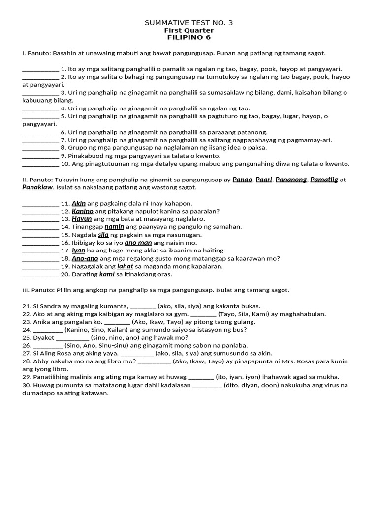 Q1-Filipino Summative Test No. 3 | PDF