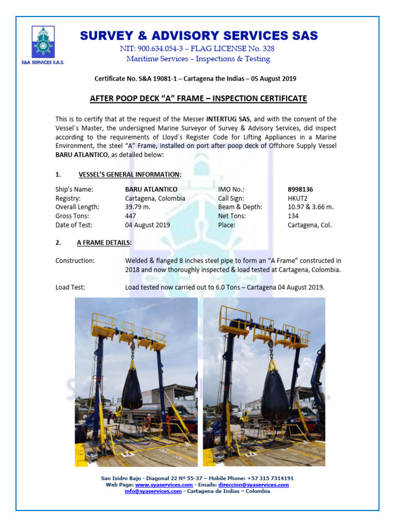 Baru Atlantico - A Frame Inspection & Load Test Certificate - 04-08-19 ...