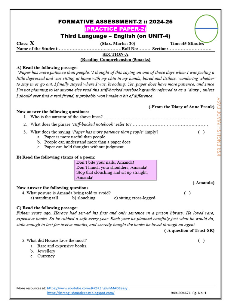 10th Class English FA 2 SAMP 2 Model Paper 2 2024-25 GSR INFO-www - Gsrmaths.in | PDF | Anne ...