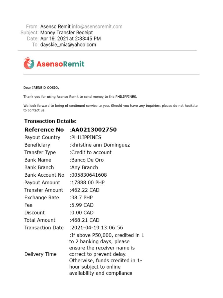 Money Transfer Receipt | PDF