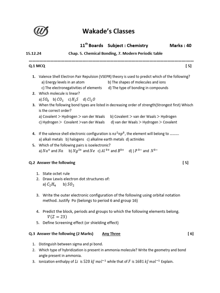 11th Chemistry 15.12.24 Final | PDF | Covalent Bond | Chemical Bond