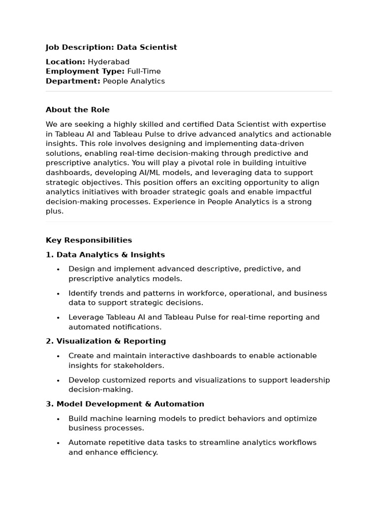 Data Scientist Job Description - Hyderabad | PDF | Analytics | Data Science