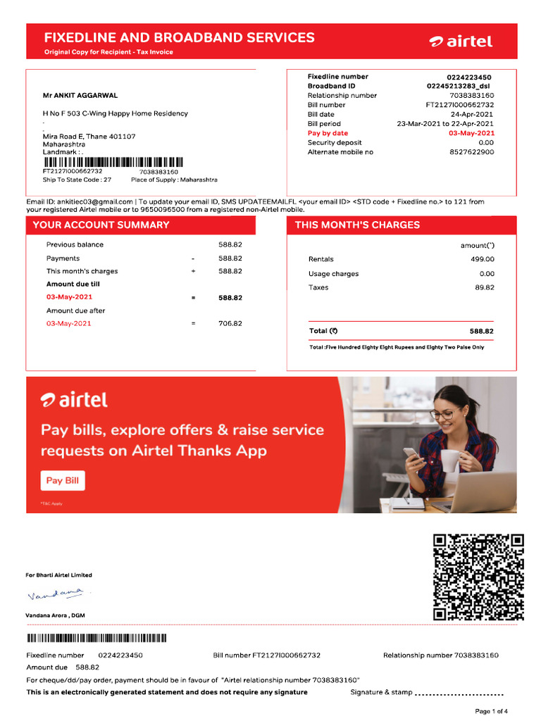 Airtel FTTH Bill_Apr_21 | PDF