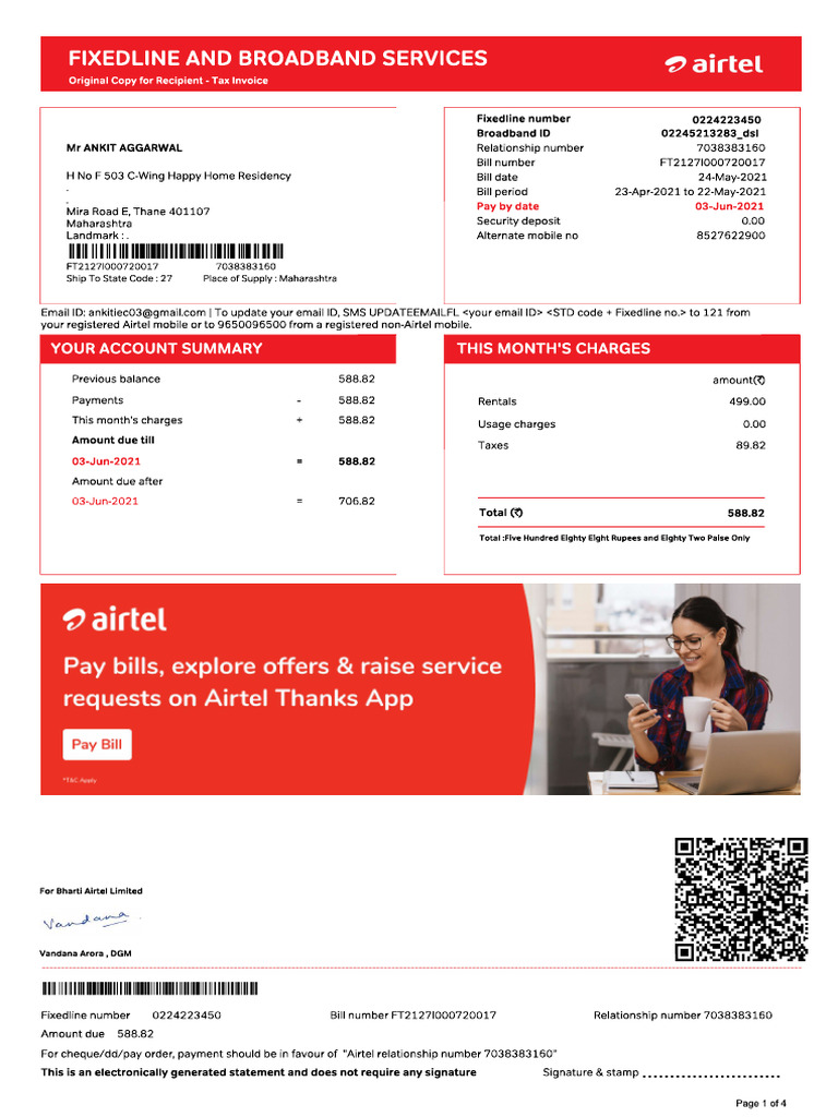 Airtel FTTH Bill - May - 21 | PDF