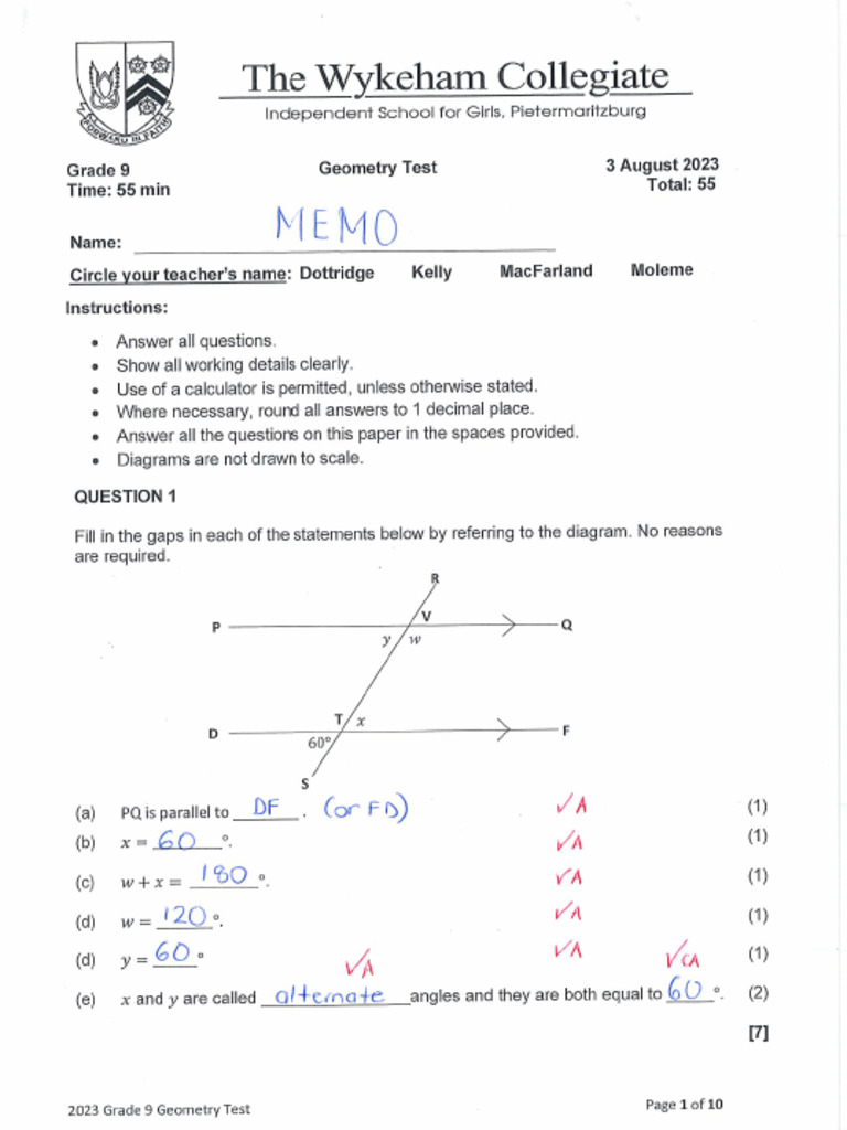 2023 GR 9 Geometry Test Memo | PDF