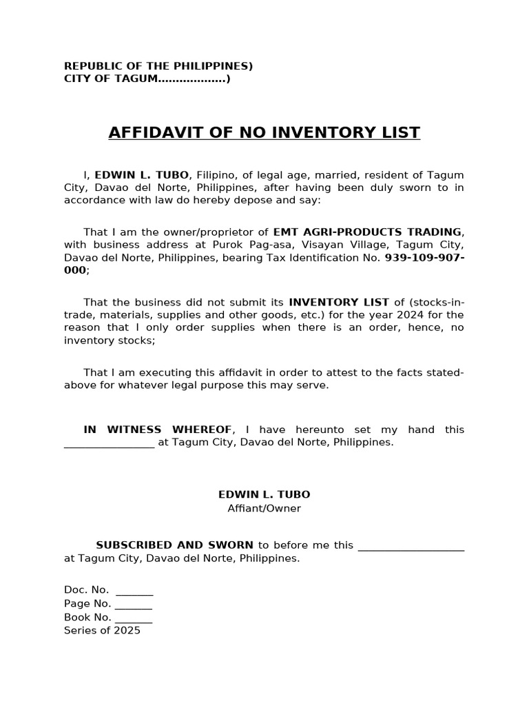 Affidavit of No Inventory | PDF