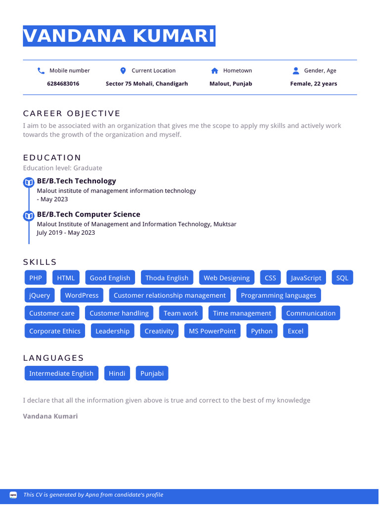 Vandana Kumari_Resume_Apna | PDF