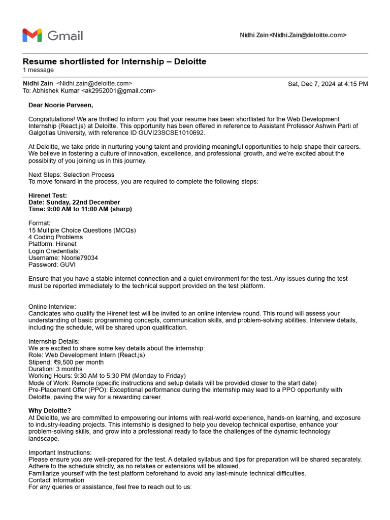 Gmail - Resume Shortlisted For Internship - Deloitte | PDF