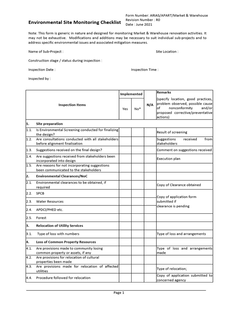 On Site Environmental Monitoring Checklist APART - Market & Warehouse ...