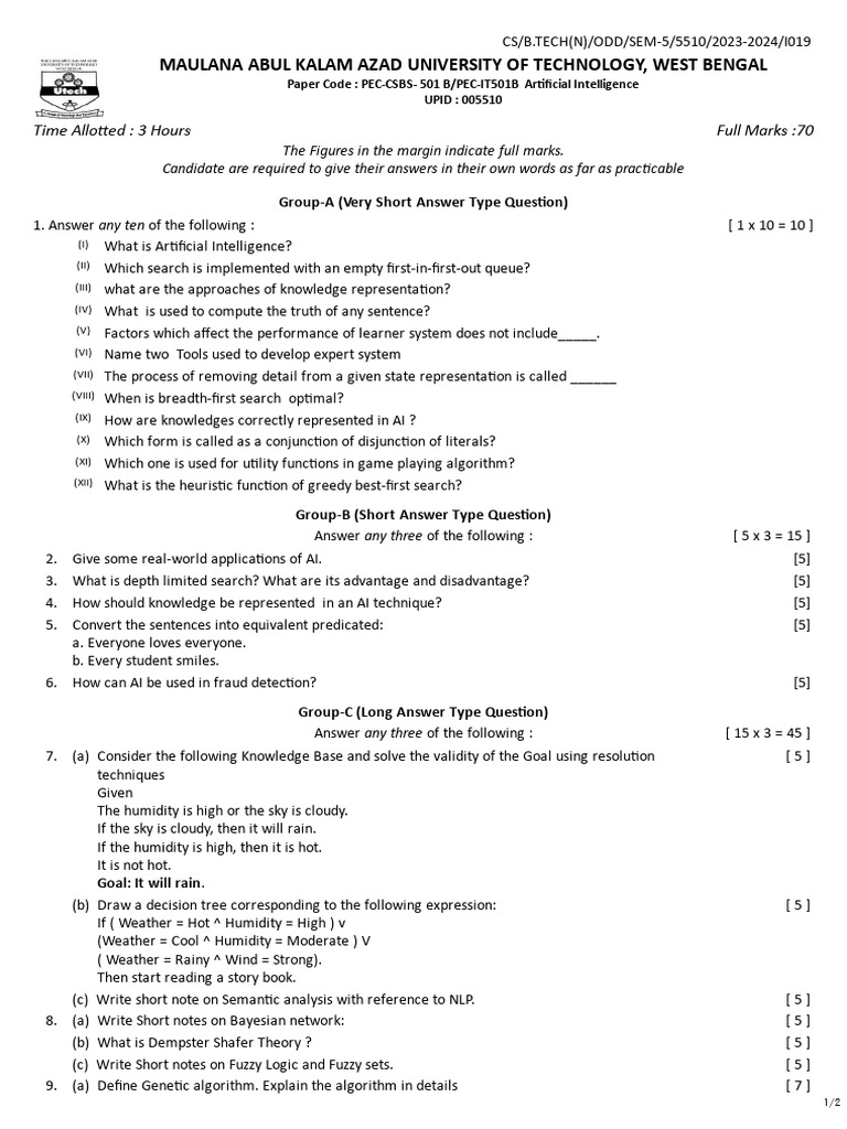 Btech Cse 5 Sem Artificial Intelligence Pec Csbs 501 B 2024 | PDF | Artificial Intelligence ...