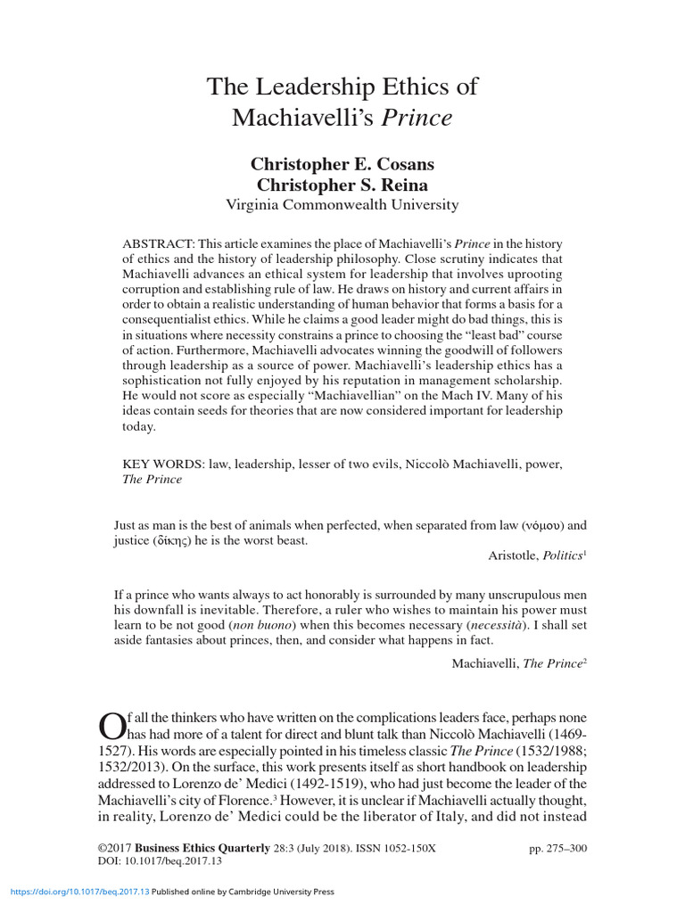 The Leadership Ethics of Machiavellis Prince | PDF | The Prince ...