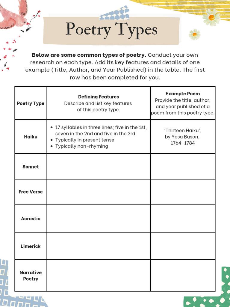 Poetry Types English Worksheet in Blue Green Bright and Colorful ...