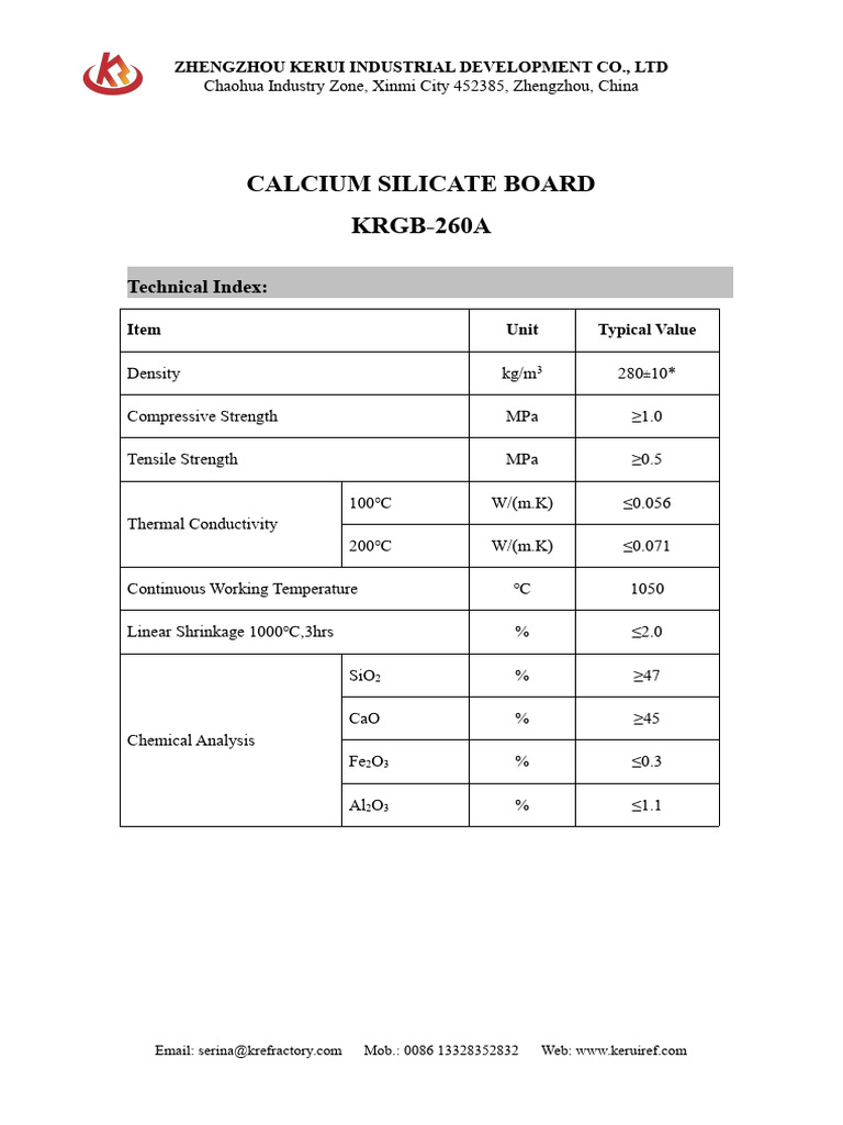 Calcium Silicate Technical Datasheet From KERUI Refractory China 20240620 | PDF