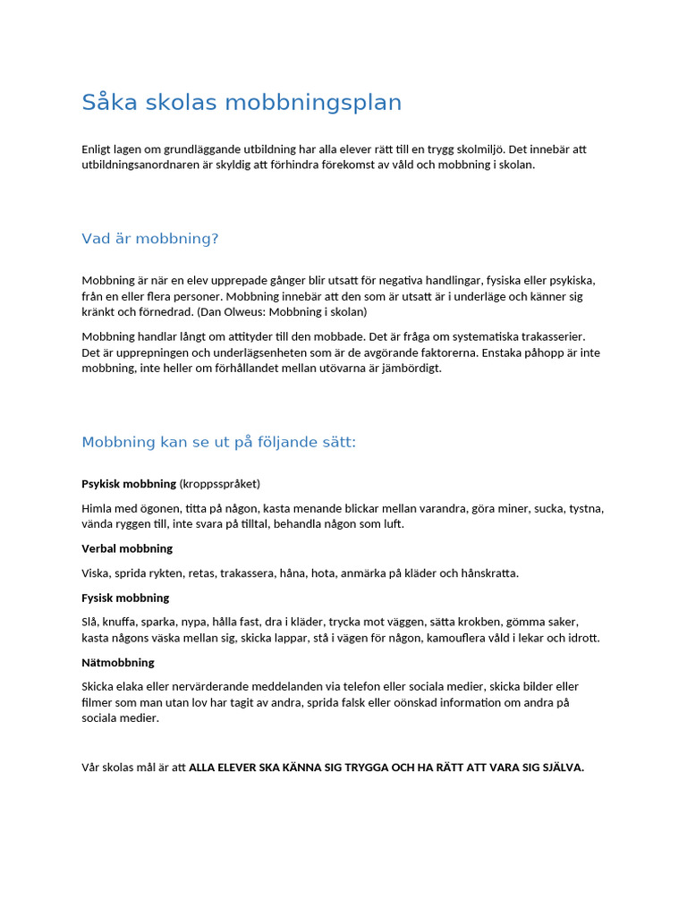 Saka Skolas Mobbningsplan 2 | PDF