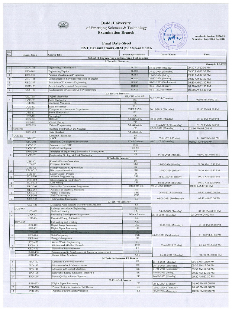 Date Sheet EST December 2024 | PDF