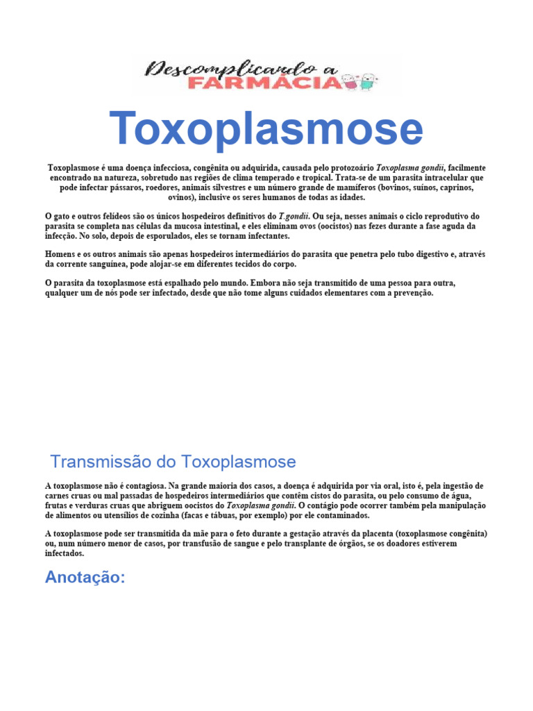 Toxoplasmose: Causas, Sintomas e Diagnóstico | PDF | Epidemiologia ...
