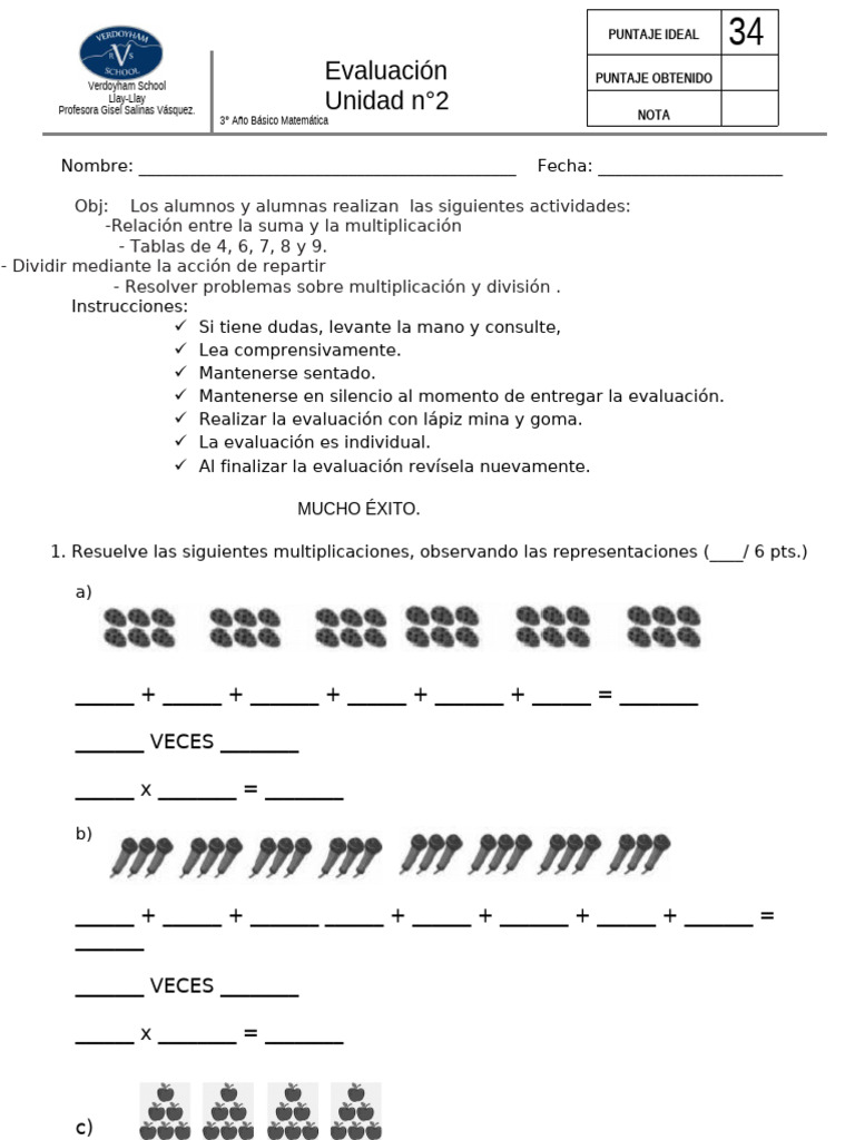 Eval. Unid. 2. 2 Mat. 3ero Multiplicar y Dividir) | PDF | Matemáticas