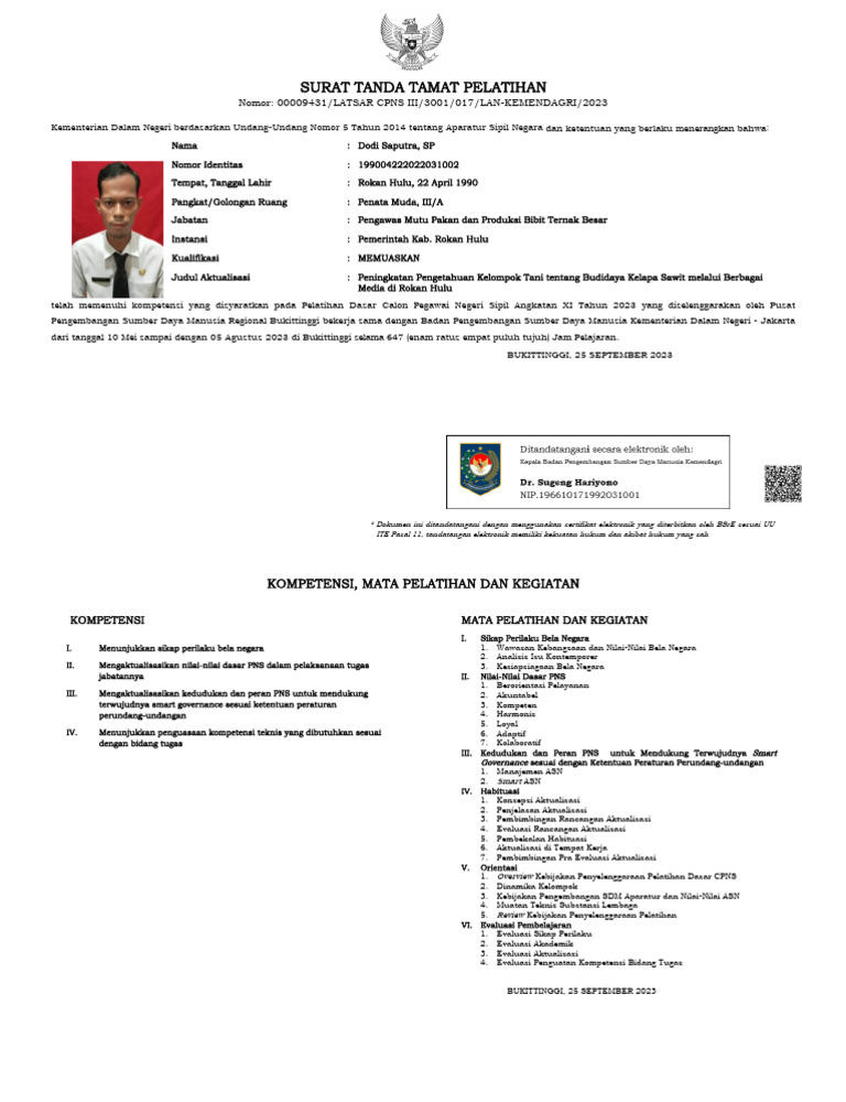 Sertifikat Latsar CPNS E-Sign (Dodi Saputra, S.P) | PDF