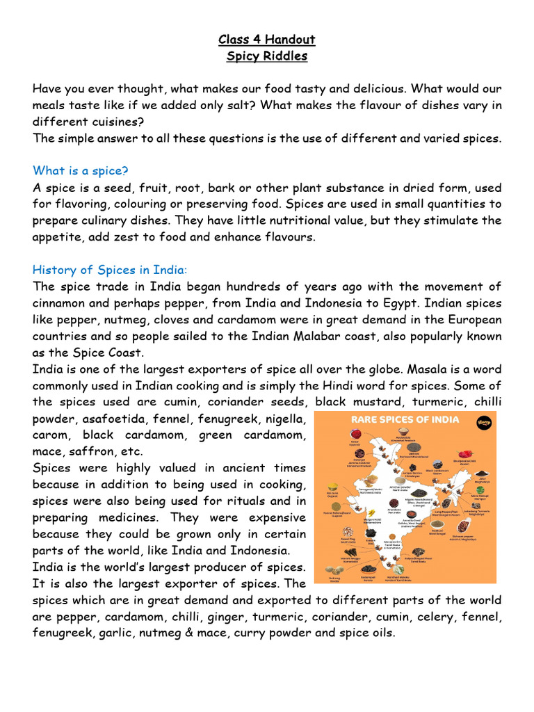 Class IV EVS Handout - Spicy Riddless | PDF | Spice | Indian Cuisine