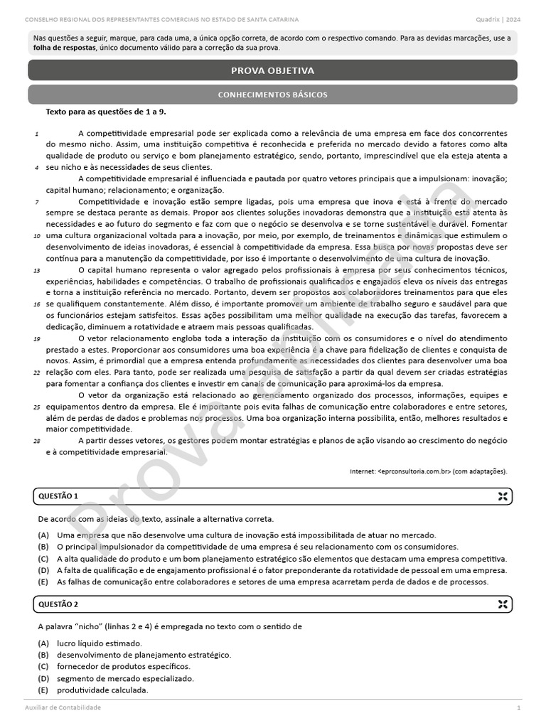 205 Auxiliar Contabilidade QUADRIX Concurso 2024 CORE-SC | PDF ...