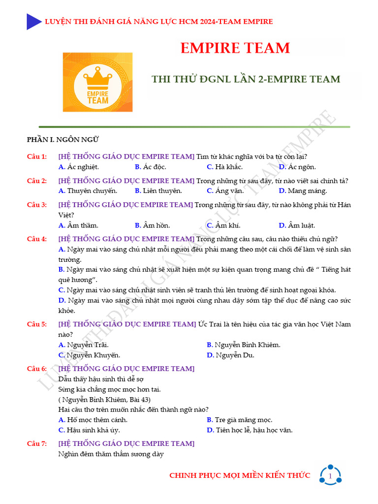 ĐỀ THI THỬ ĐGNL LẦN THỨ 2-EMPIRE TEAM | PDF