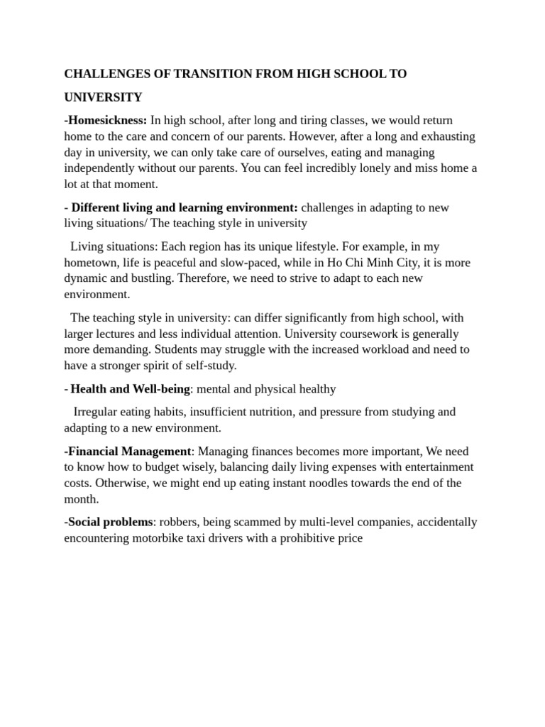 Challenges of Transition From High School To | PDF