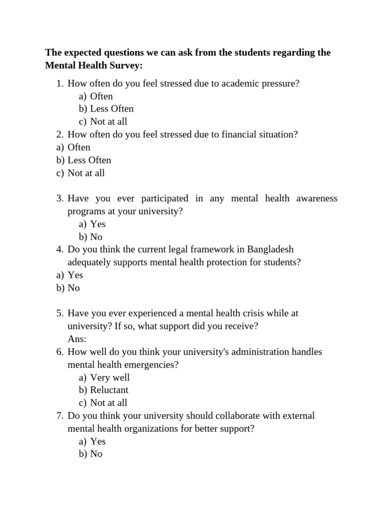 Mental Health Questionnaire With Options - Basilis | PDF
