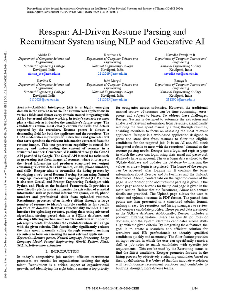 Resspar AI-Driven Resume Parsing and Recruitment System Using NLP and Generative AI | PDF ...