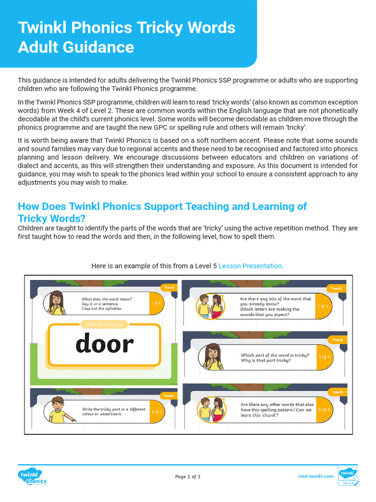 Twinkl Phonics Tricky Words Guidance | PDF | Phonics | Cognition
