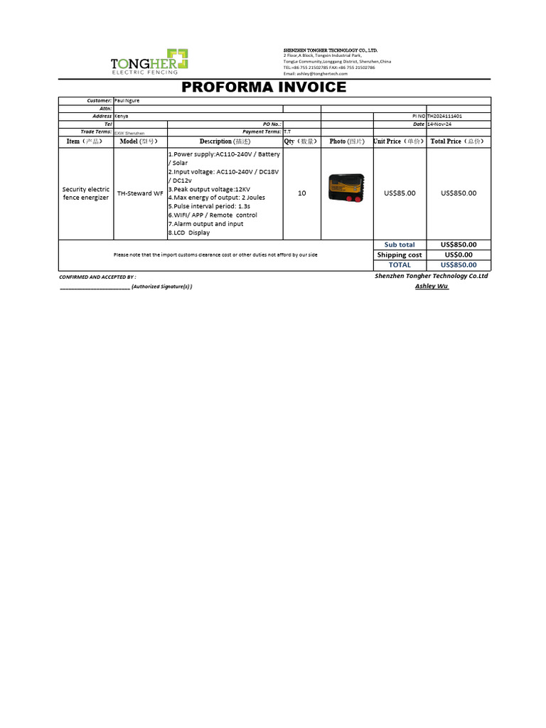 Proforma Invoice for Security Device | PDF | Electronics | Electric Power