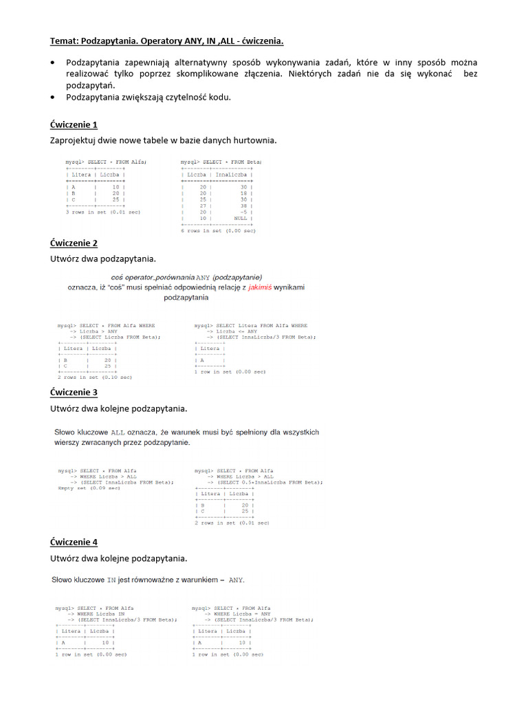 SQL - Podzapytania2 - Cwiczenia | PDF